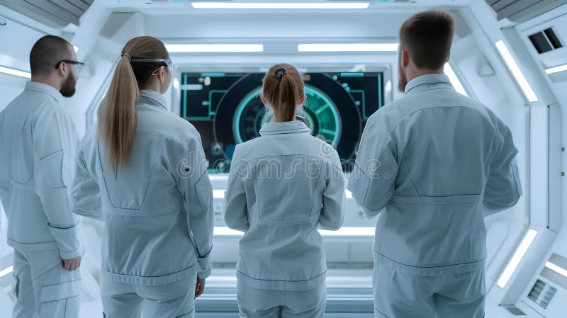 Four Researchers Observing Data Screen Inside Modern Lab with Bright ...