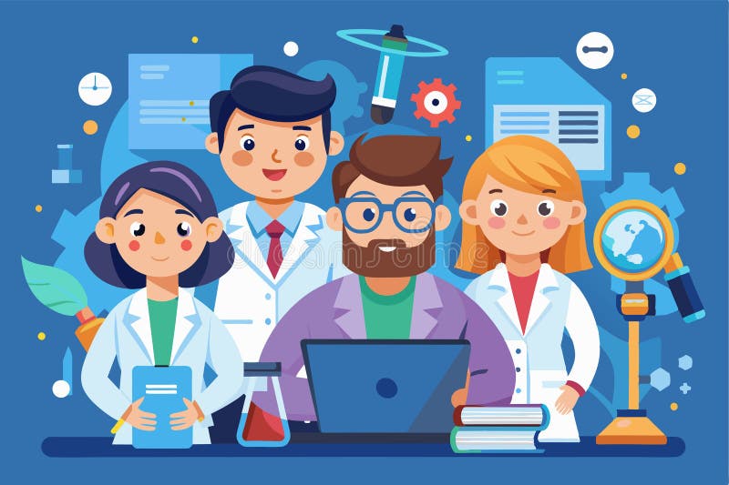 Four Researchers Work Together at a Desk, Using a Laptop Surrounded by ...