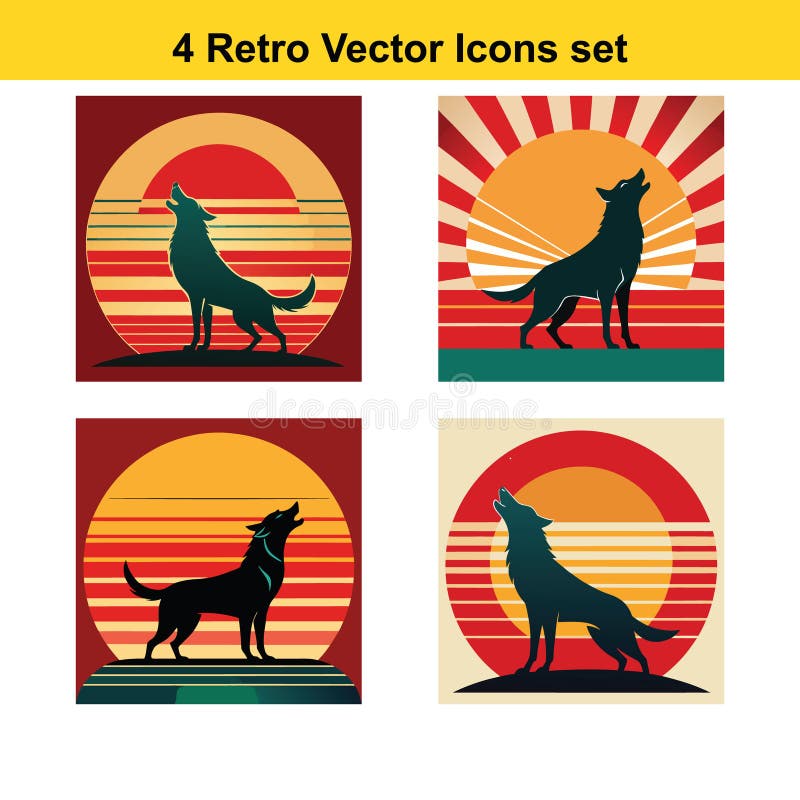 Four Retro Wolves Howling at Sunset Vector Icons Stock Vector ...