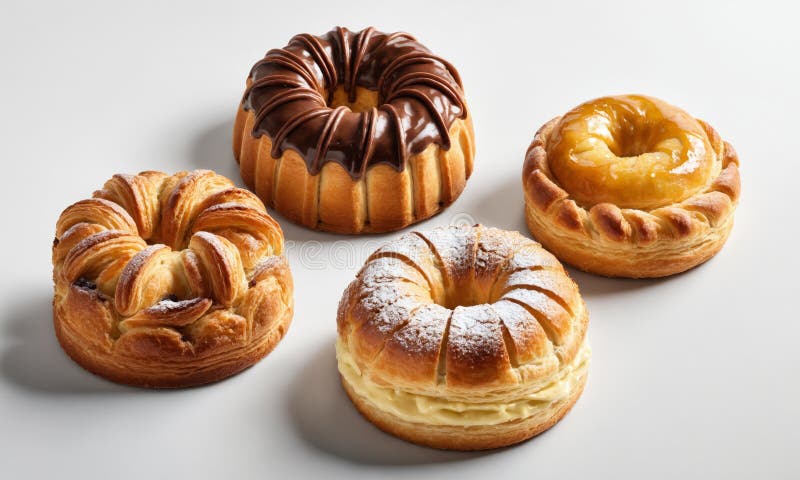 Four Ring-shaped Pastries Arranged on a White Surface Stock ...