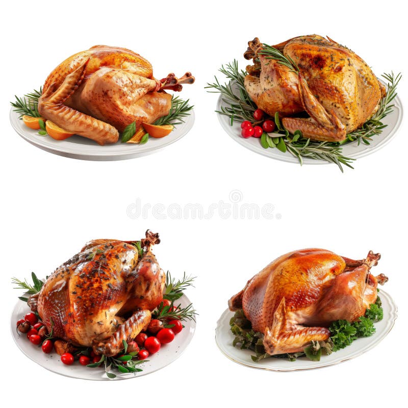 Four Roasted Turkeys with Garnishes on Plates Stock Photo ...