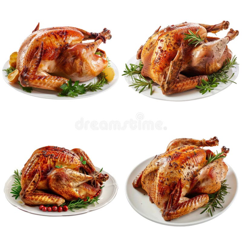 Four Roasted Turkeys on White Plates with Garnish Stock Illustration ...