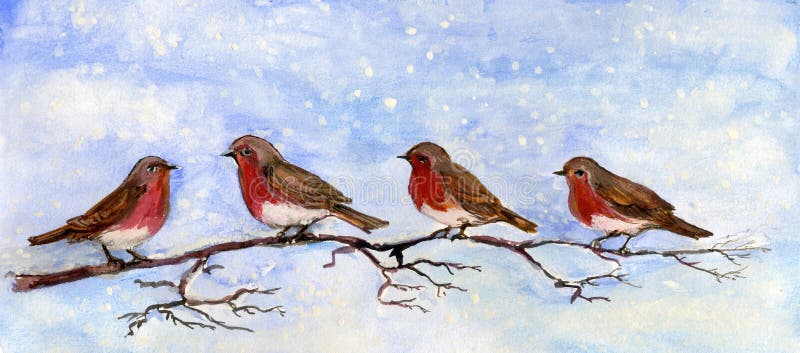Four Robins on a Branch with a Snowy Sky Stock Illustration ...