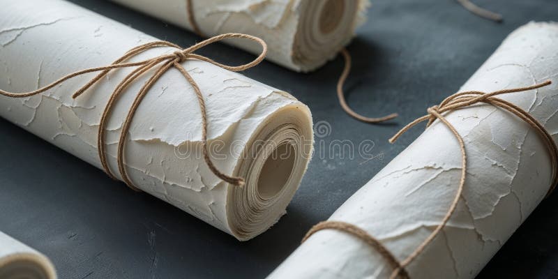 Four Rolled Aged Papers Tied with String on Dark Background. Stock ...