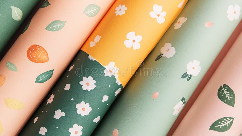 Four Rolls of Decorative Paper Display Floral and Fruit Patterns. the ...