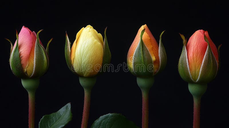Four Rose Buds in Various Shades of Color Stock Illustration ...