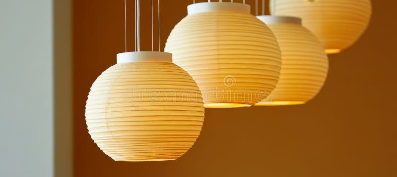 Four Round Paper Lanterns Gracefully Hanging from Ceiling, Emanating ...