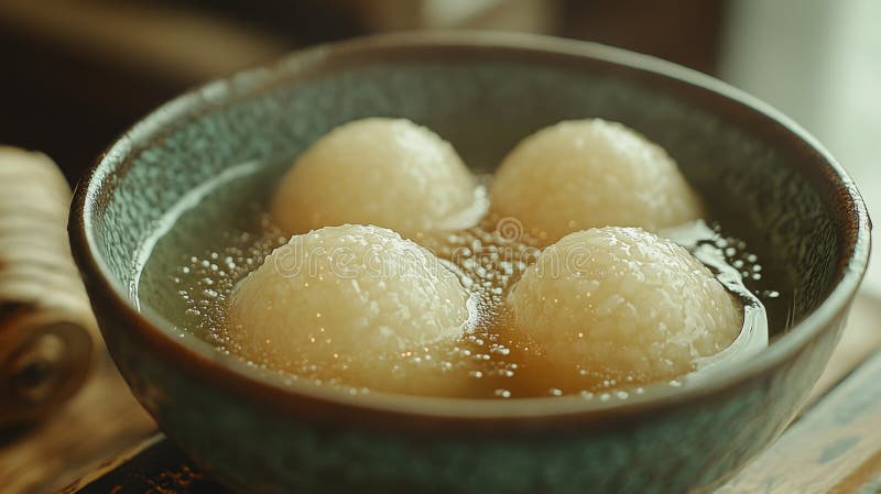 Four Round White Rice Balls Floating in a Teal Bowl Stock Illustration ...