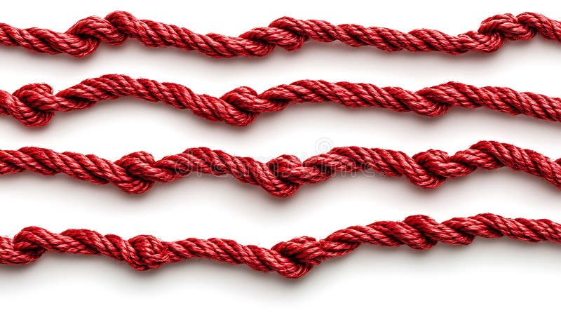 Four Rows of Knotted Red Rope Laying Flat Isolated on White Background ...