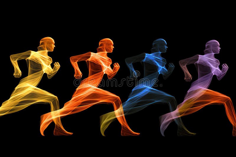 Four Runners, Depicted in a Dynamic and Colorful Way Against a Black ... Four Runners, Depicted in a Dynamic and Colorful Way Against a Black ...