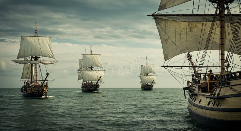 Four Sailing Ships with Large White Sails Navigate Stock Illustration ...