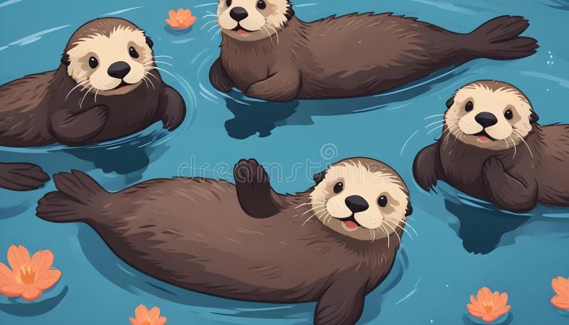 Four Sea Otters Floating in the Water, Stock Illustration - Illustration of seal, animal: 352207720