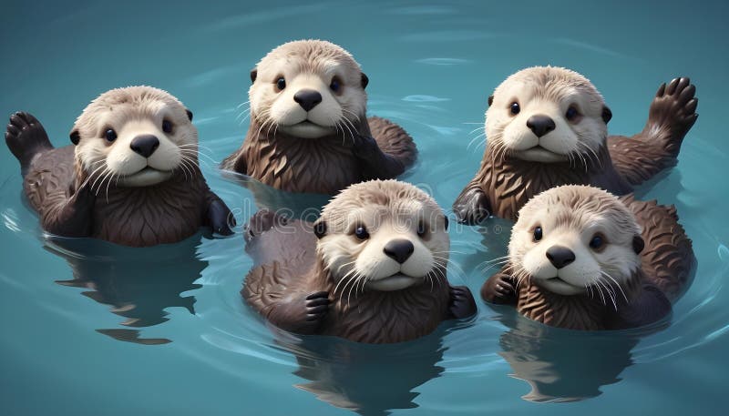 Four Sea Otters Floating in the Water, Stock Illustration ...