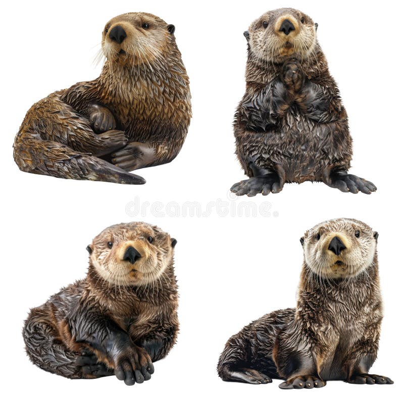 Four Sea Otters in Various Poses Against a White Background Stock Photo ... Four Sea Otters in Various Poses Against a White Background Stock Photo ...