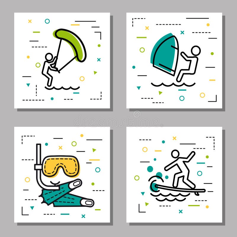 Four Sea Water Activity Linear Icons Stock Vector - Illustration of ...