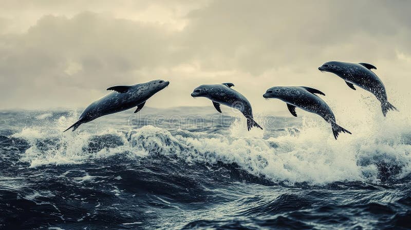 Four Seals Leap Over Ocean Waves Stock Illustration - Illustration of ...