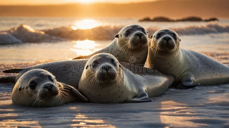 Golden Hour Harbor Seals Resting on Sandy Beach Stock Illustration ...