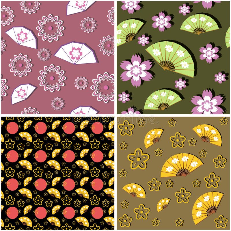 Four Seamless Background with Fans and Flowers Stock Illustration ...