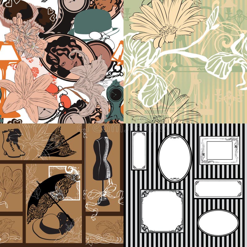 Four Seamless Pattern with Vintage Objects Stock Vector - Illustration ...