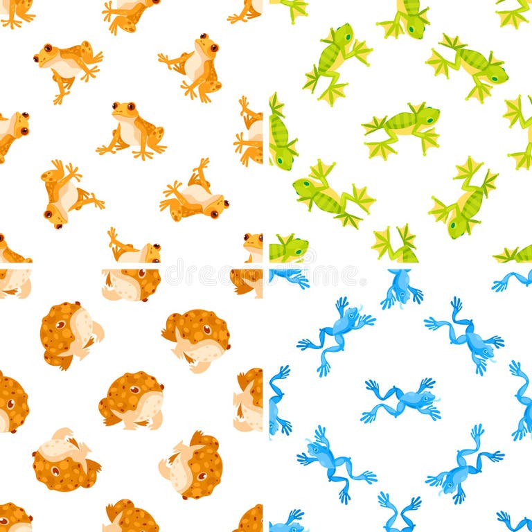 Four Seamless Patterns with Colorful Frogs Jumping and Croaking Stock ...