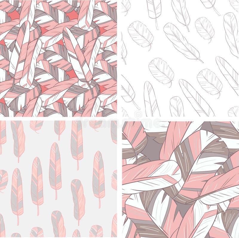 Four Seamless Patterns with Feather Stock Vector - Illustration of ...