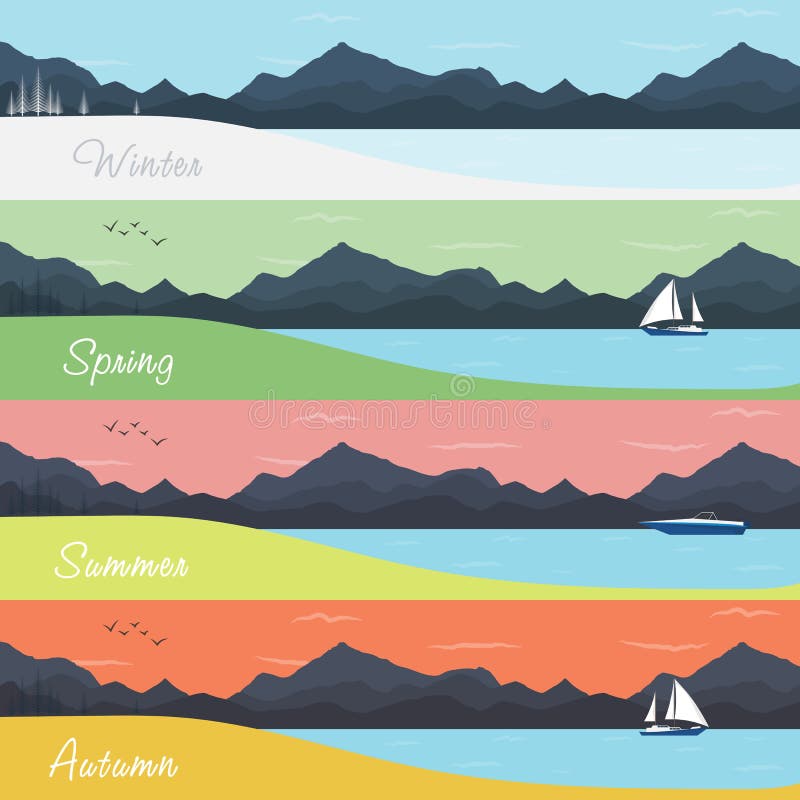 Four Seasons Banners with Forest and Mountains Stock Vector ...