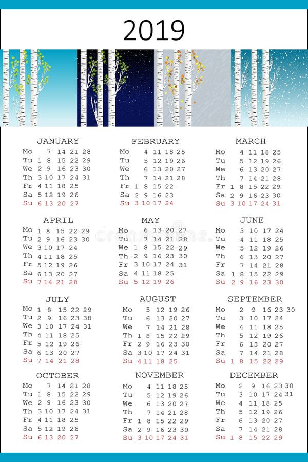 Four Seasons 2019 Calendar with Birch Tree Stock Vector - Illustration ...