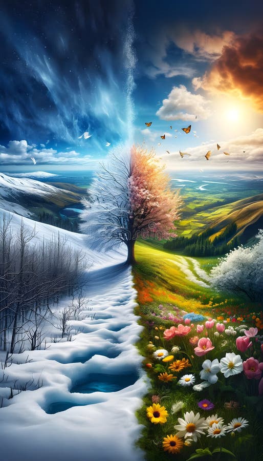 4 Seasons Landscape in a Circle. Time Passing by. Circular Design with ...