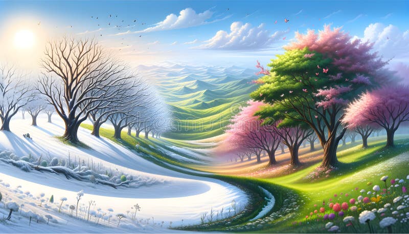 4 Seasons Landscape in a Circle. Time Passing by. Circular Design with ...