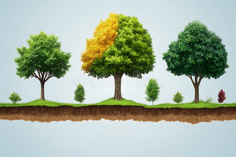 Four Seasons Represented by Trees Displaying Seasonal Changes on Grass ...