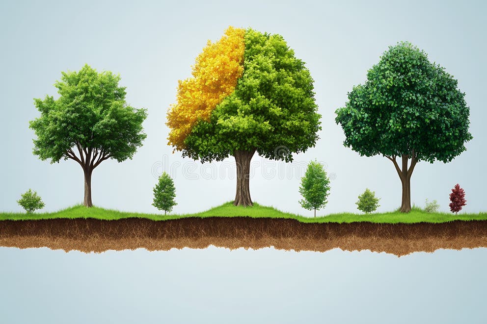 Four Seasons Represented by Trees Displaying Seasonal Changes on Grass ...