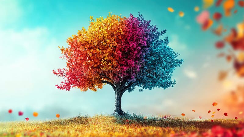 Four Seasons Tree on Hilltop, Colorful Leaves Falling Stock Image ...