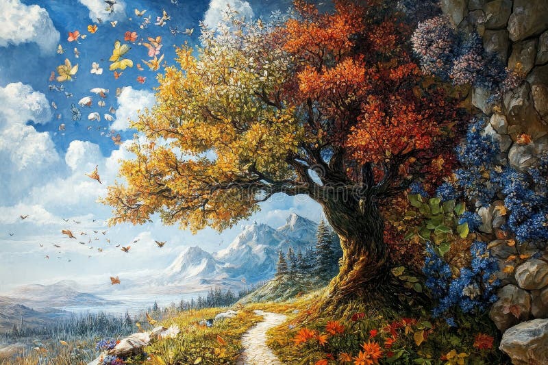 Four Seasons of Trees in One Picture Stock Illustration - Illustration ...