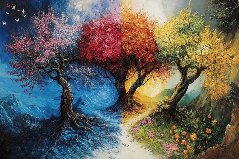 Four Seasons of Trees in One Picture Stock Illustration - Illustration ...