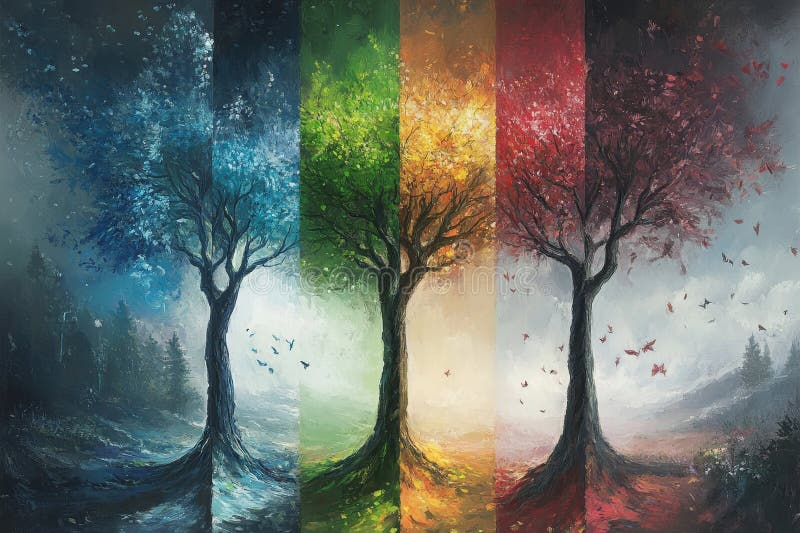 Four Seasons of Trees in One Picture Stock Illustration - Illustration ...