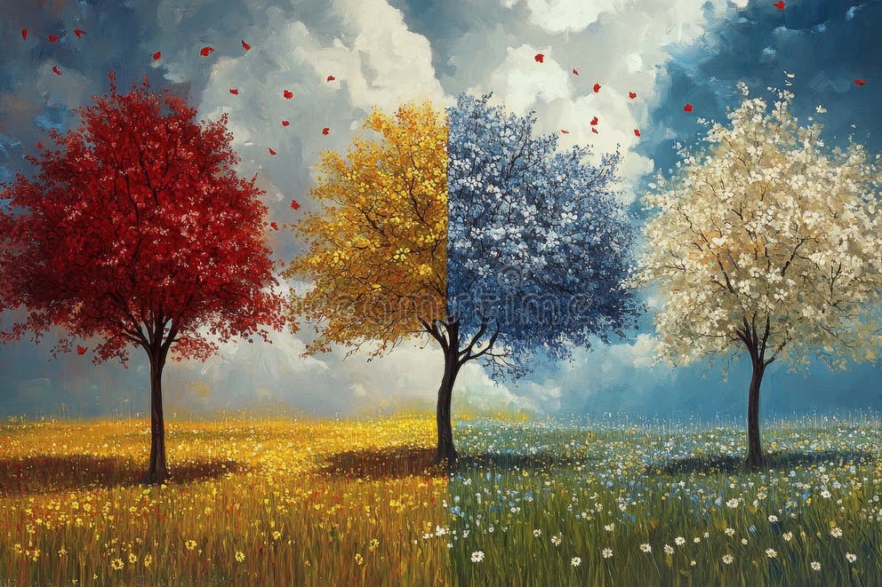 Four Seasons of Trees in One Picture Stock Illustration - Illustration ...