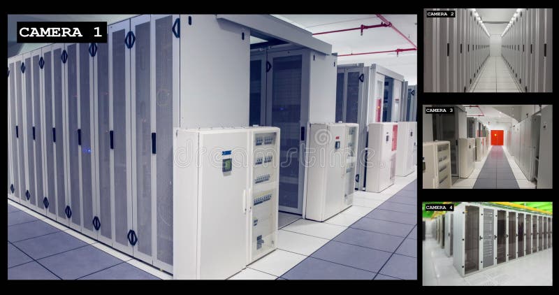 Four Security Camera Views of Business Computer Server Room Interiors ...
