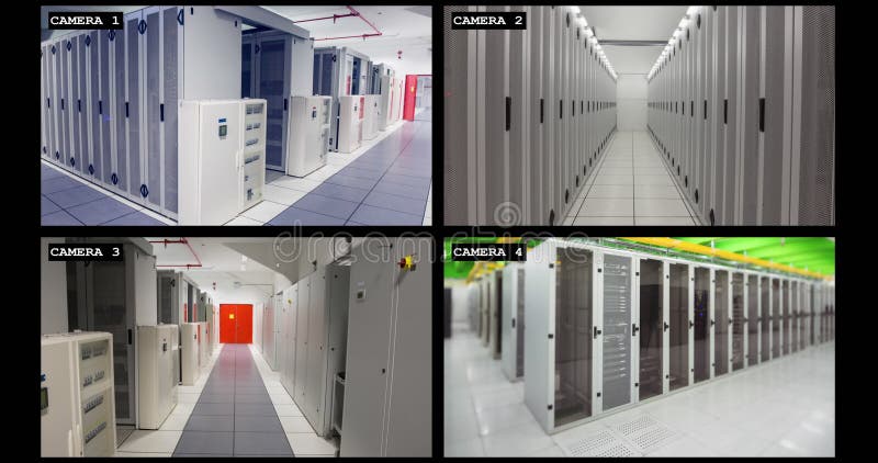 Four Security Camera Views of Business Computer Server Room Interiors ...