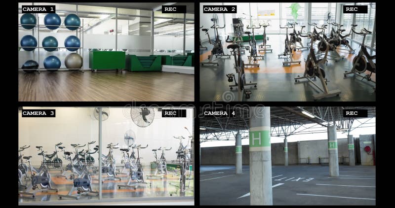 Four Security Camera Views of Gym Exercise Room Interiors, Equipment ...