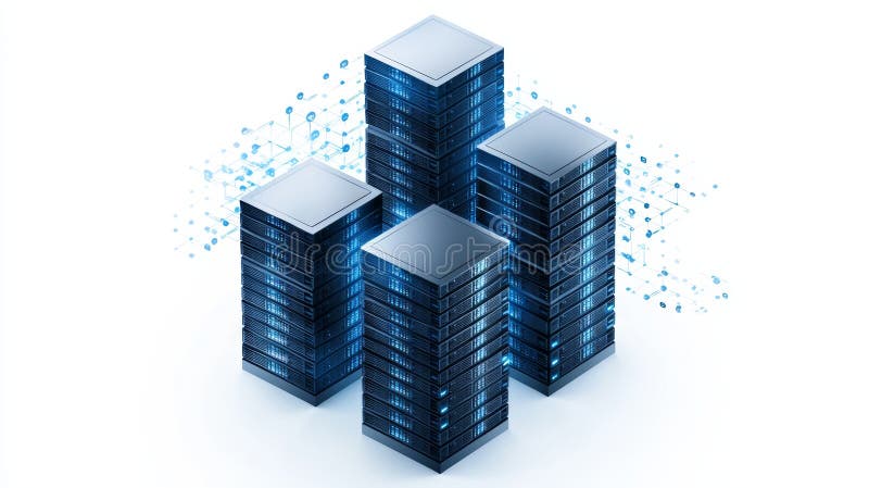 Four Server Racks with Blue Glowing Lights and Data Streams, Isolated ...