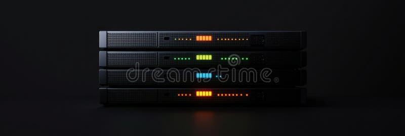 Four Server Units Stand in a Dimly Lit Environment, Showcasing Various ...