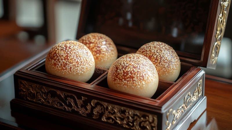 Four Sesame Seed Buns in Wooden Box Stock Illustration - Illustration ...