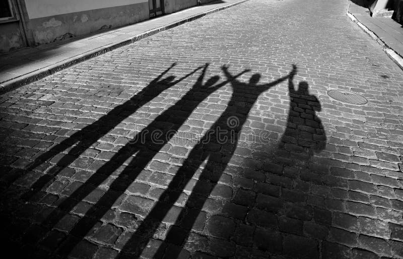 Four Shadows Jump on Roadway Stock Image - Image of moving, silhouette ...
