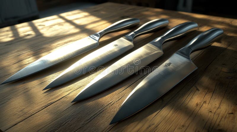 Knives Arranged Neatly on a Wooden Countertop Illuminated by Soft Light ...