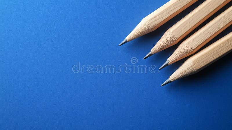 Four Sharpened Pencils Pointing Downward on Blue Background Stock ...