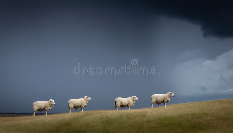 Four Sheep are Standing on a Hillside in Front of a Cloudy Sky Stock ...