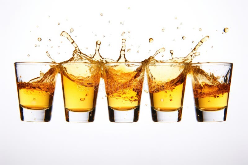 Four Shot Glasses Filled with Liquid and a Splash of Water. Versatile ...