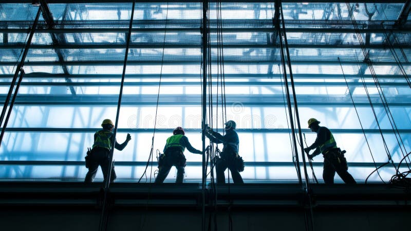 Four Silhouetted Construction Workers on a High-Rise Building Stock ...
