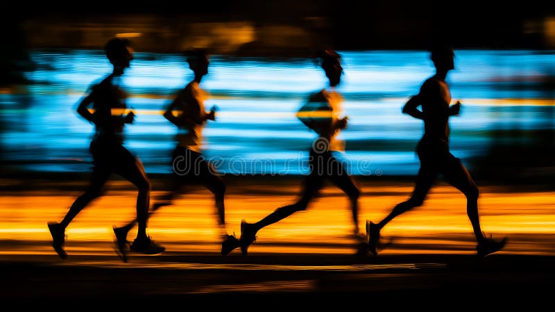 Four Silhouetted Runners Move Swiftly Against a Dynamic Backdrop Stock ...