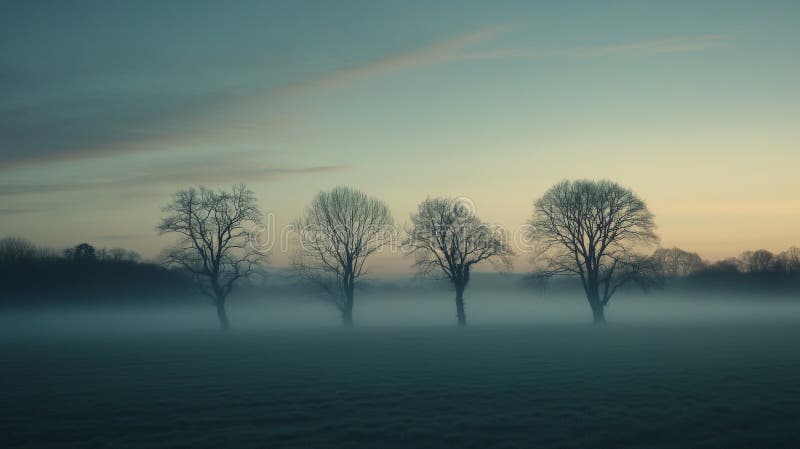 Four Silhouetted Trees in a Foggy Field at Dawn Stock Illustration ...